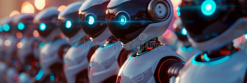 Background with an Army of Advanced Robots, Technologies, Representing ...