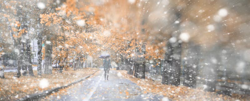 Background Autumn Park in the First Snow Stock Photo - Image of blur ...