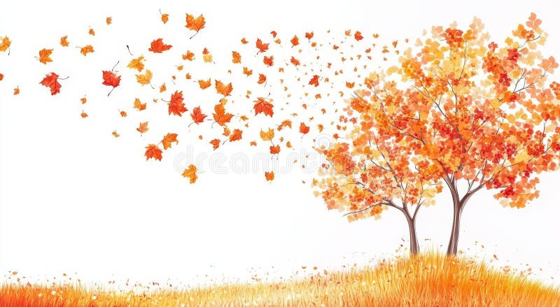 Background with Autumn Tree and Flying Leaves Illustration on White ...