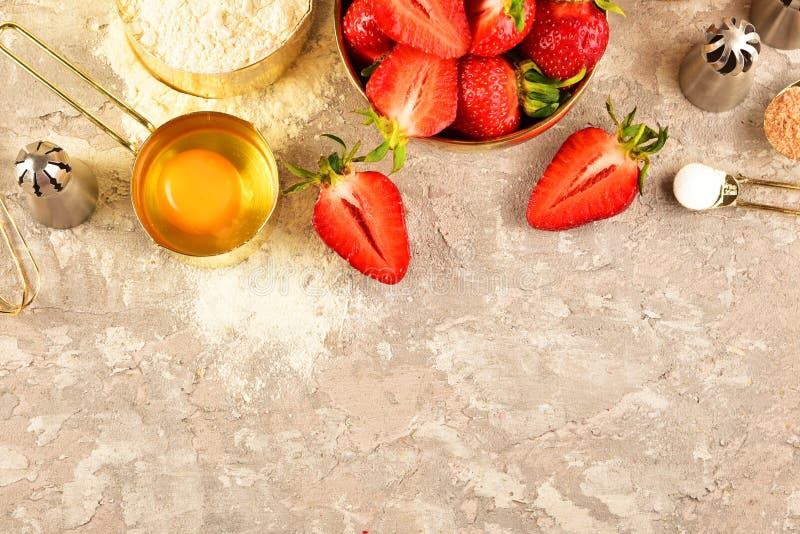 Background Baking Flat Lay with Golden Devices, Strawberries and Flour ...