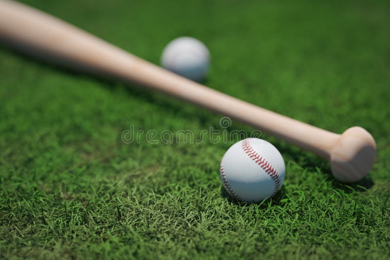 A Background with a Baseball and a Baseball Bat on the Grass Ground, 3d ...