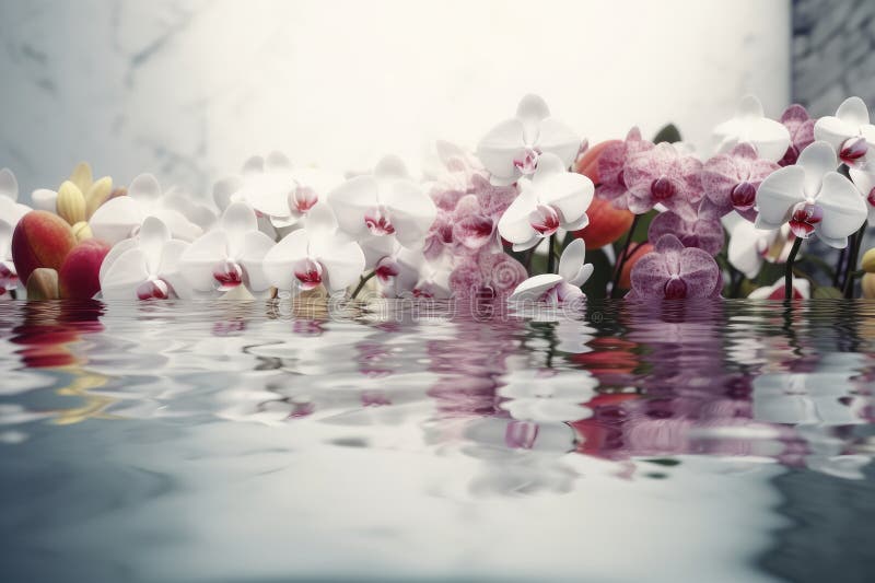 Background with Beautiful Orchids on the Surface of the Water. Stock ...