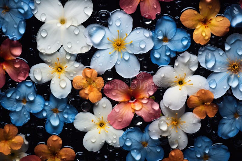Background with Beautiful Spring Flowers and Water Drops, Top View ...