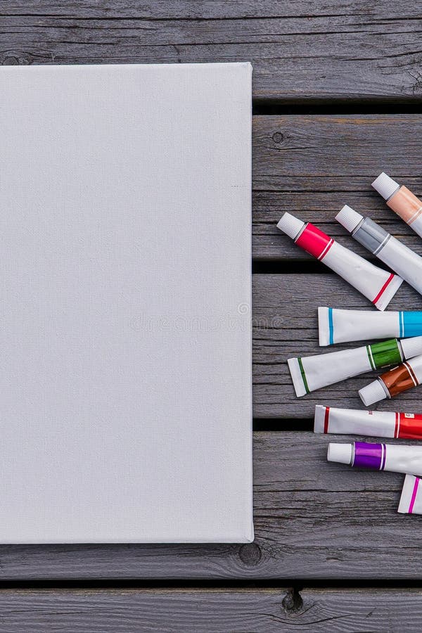 Background Blank White Canvas with Tubes of Colored Paints on Wooden ...