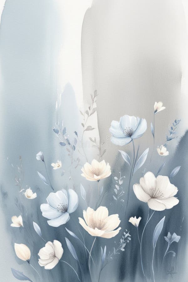 Whimsical Blooms: a Blueish White Dreamy Watercolor Landscape Stock ...