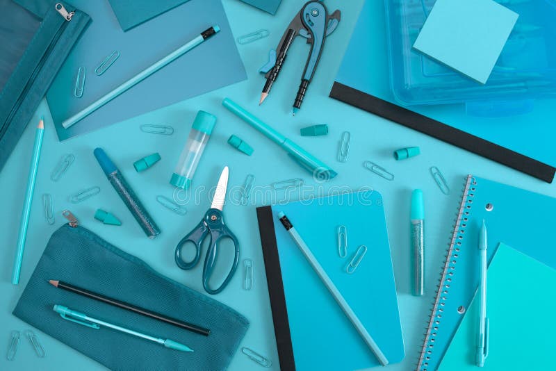 Background of Blue School and Office Supplies Stock Image - Image of ...
