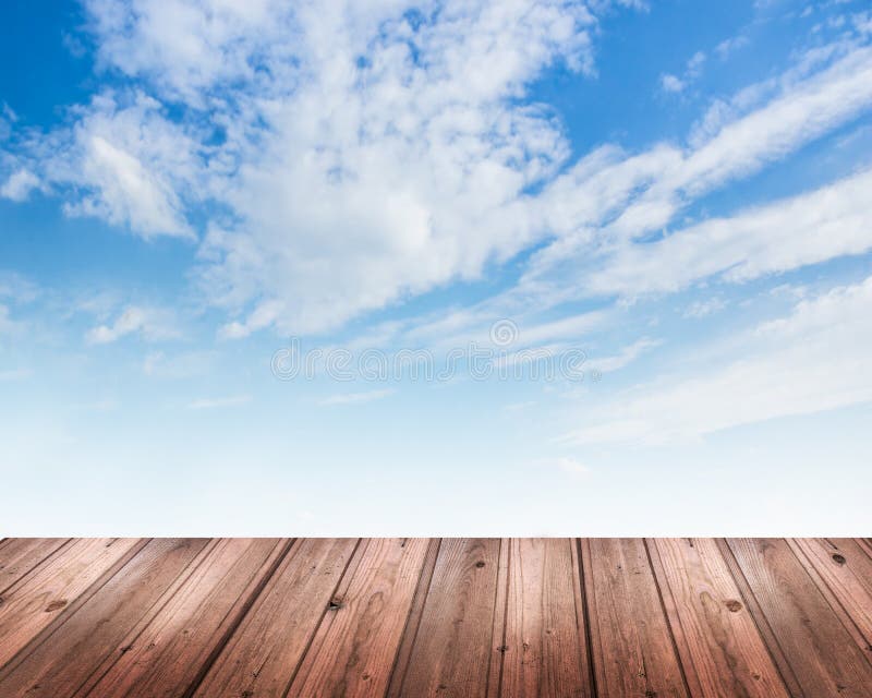 Background with Blue Sky and Wooden Table Stock Photo - Image of beauty ...