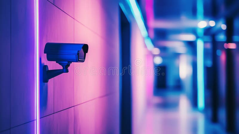 Background Blur of Neon Security Cameras in a Building Stock Photo ...