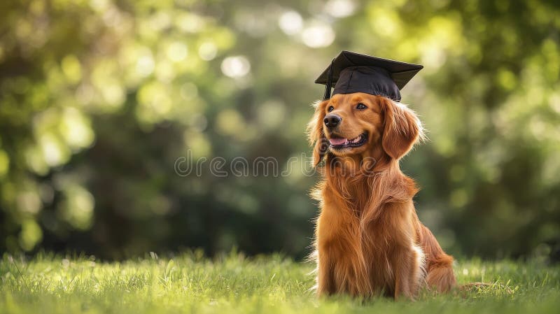 Background with Blurred Grass and Dog Wearing Graduation Cap. Stock ...