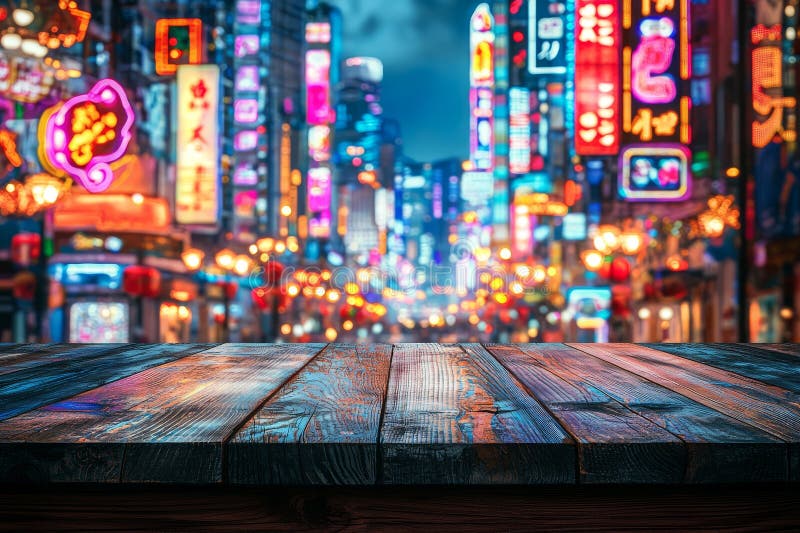 Background of Blurred Neon Lights on a Wood Table Top Stock Photo ...