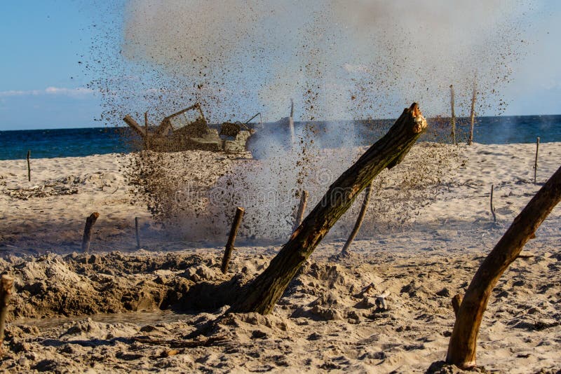 Explosion on the Beach. Background. Stock Photo - Image of sand ...