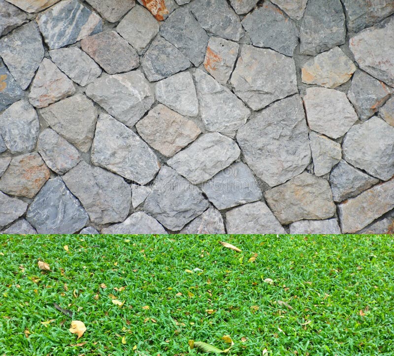 Background of Brick Stone Wall and Grass Floor Texture Photo Stock ...