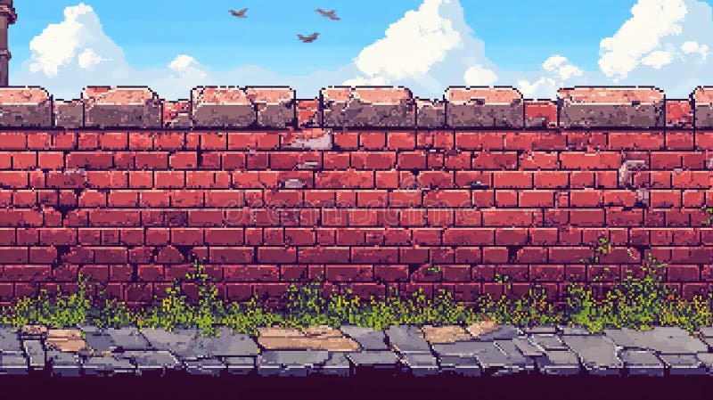 A Background of a Brick Wall with a Grassy Area in Front in Pixelated ...