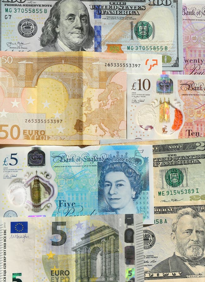 Background of British Pound with Queen, US Dollar and Euro Banknotes ...