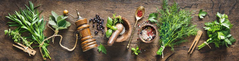 Background with Bunches of Fresh Garden Herbs Stock Photo - Image of ...