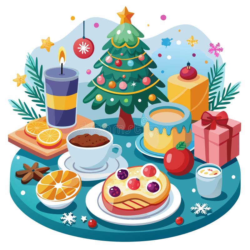 Background with Christmas Breakfast with Decorations on a Table Stock ...