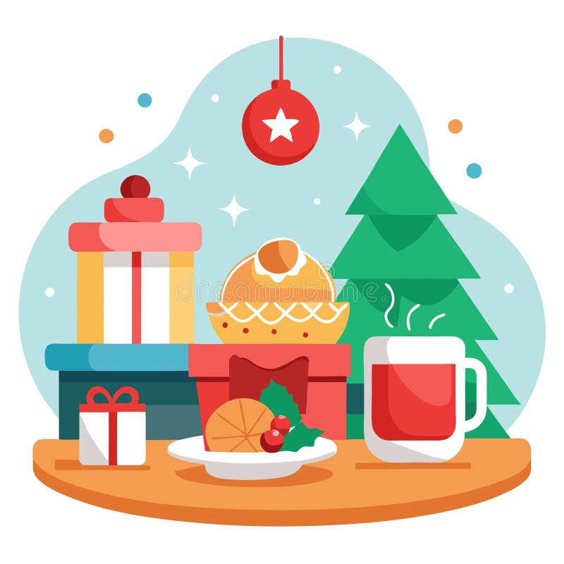 Background with Christmas Breakfast with Decorations on a Table Stock ...