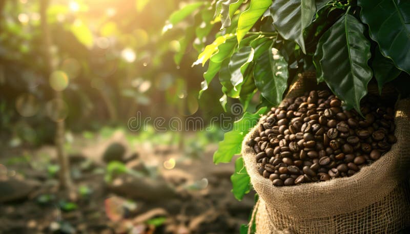 Background with a Coffee Tree, Burlap Sack Filled with Coffee Beans ...