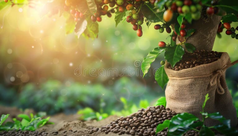 Background with a Coffee Tree, Burlap Sack Filled with Coffee Beans ...