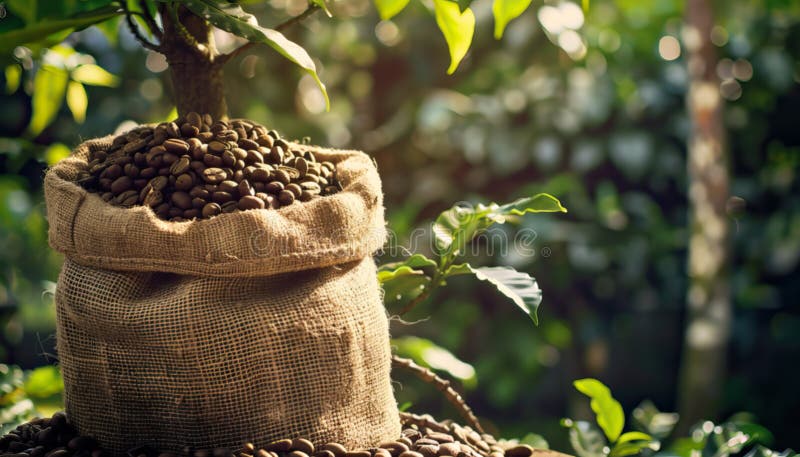 Background with a Coffee Tree, Burlap Sack Filled with Coffee Beans ...