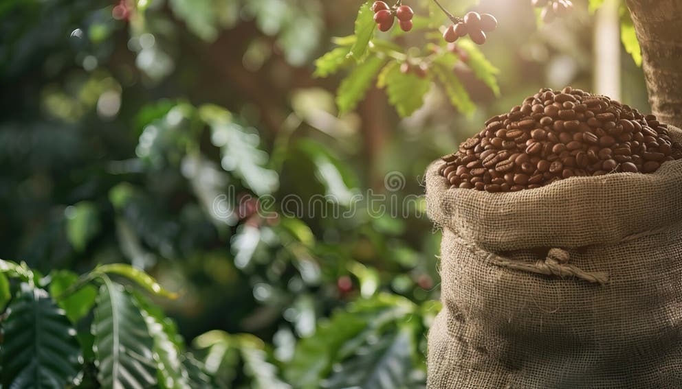Background with a Coffee Tree, Burlap Sack Filled with Coffee Beans ...