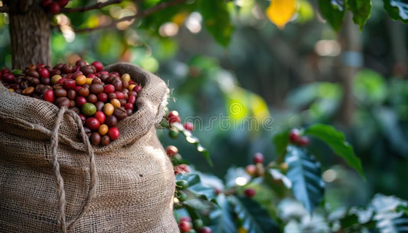 Background with a Coffee Tree, Burlap Sack Filled with Coffee Beans ...