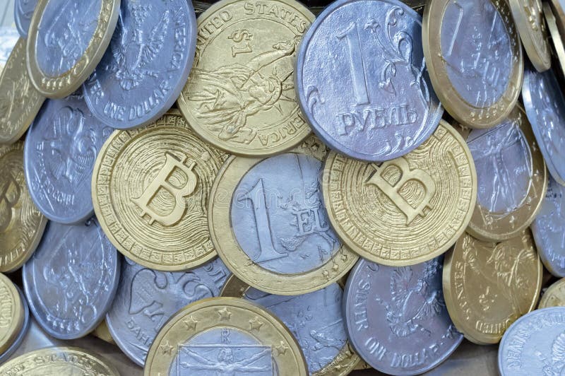 Background from Coins of Different Countries and Bitcoins Stock Image ...
