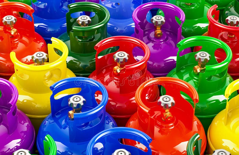 Background from Colored Gas Cylinders with Compressed Gas, Top View. 3D ...