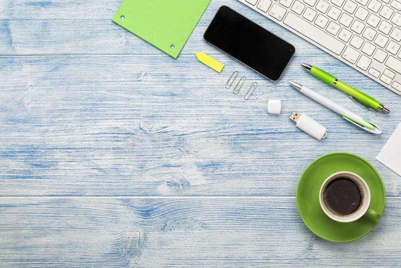 Background with Computer Keyboard, Smart Phone, Coffee Cup and Utensils ...
