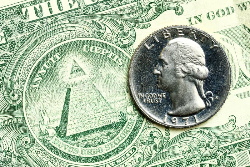 US Currency Concept of 25 Cent Coin on Dollar Note Stock Photo - Image ...