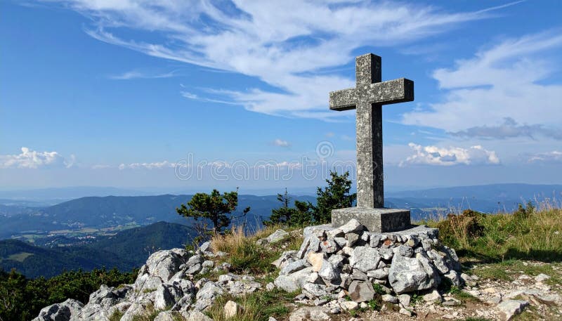 Background Containing a Big Cross Standing on the Top of a Mountain ...