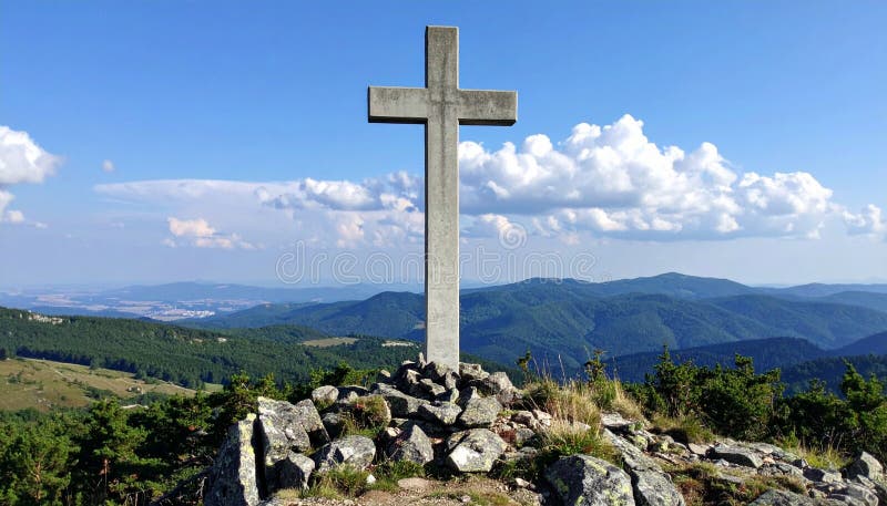 Background Containing a Big Cross Standing on the Top of a Mountain ...