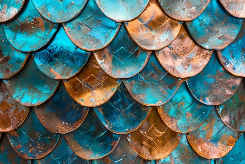 A Background of Copper and Blue Mermaid Scales in a Fish Scale Pattern ...