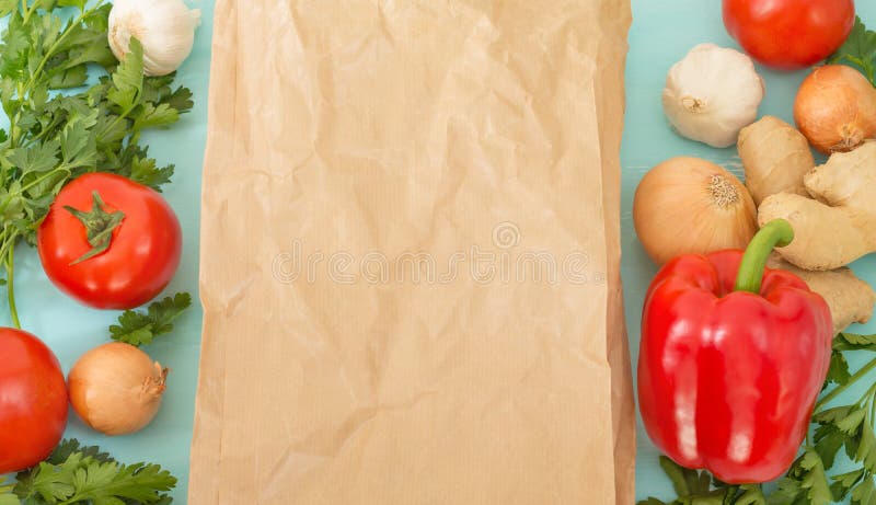 Background with Craft Beige Paper and Vegetables with Copy Space Stock ...