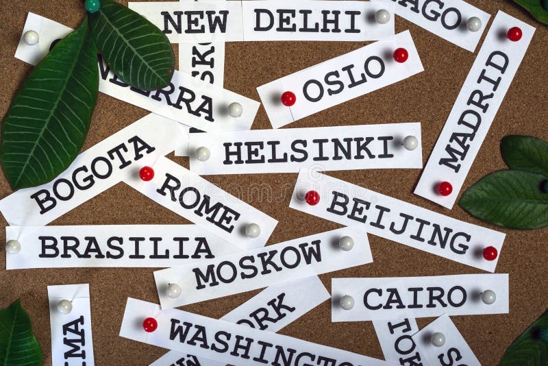 Names of the Capitals of the Countries of the World on a Cork Surface ...