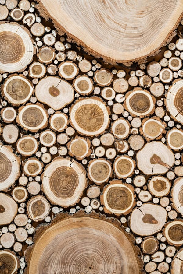 Background of Cross Section of Round Cut Logs of Various Sizes. Wall of ...