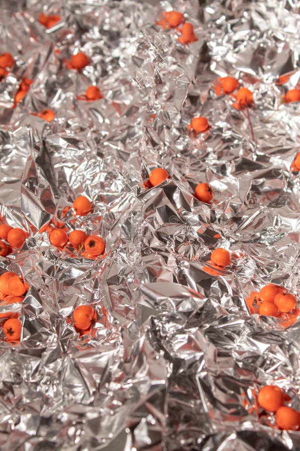 Background of Crumpled Aluminum Foil and Scattered Fire Thorn Stock ...
