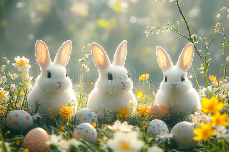 Family White Rabbits among Spring Flowers and Easter Eggs in the Grass ...