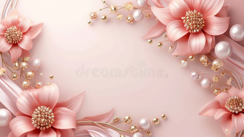 Background with 3D Pink Gold Flowers and Pearls Stock Illustration ...