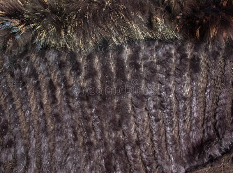 Background from Dark Brown Fur and Wool. Combined Knitted Fur Product ...