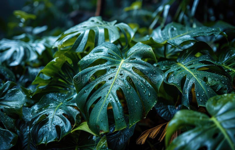 Background of Dark Green Tropical Leaves Monstera Palm Stock ...