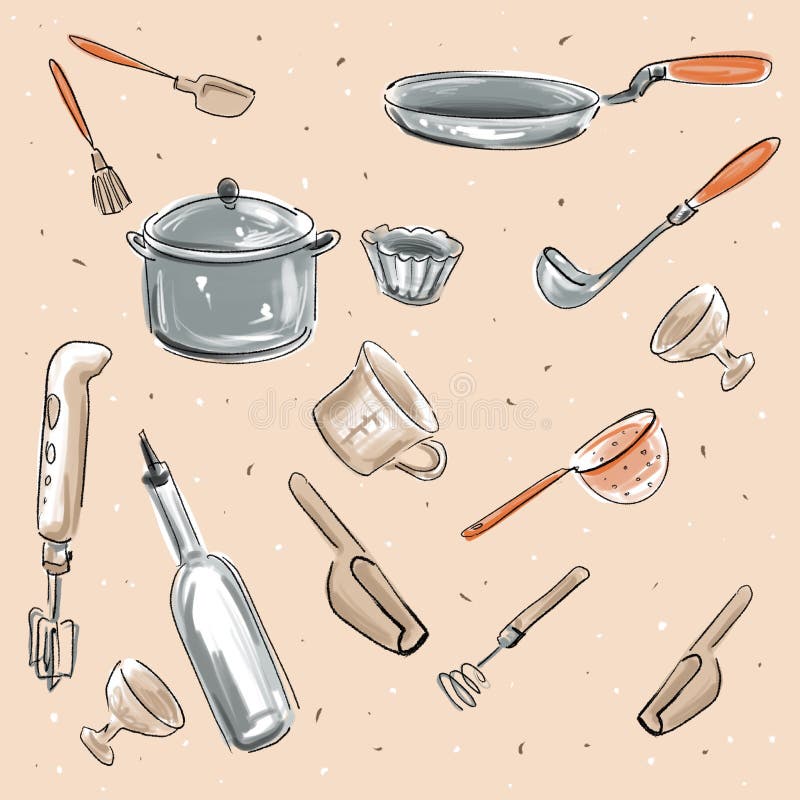 Background for Decor with Kitchen Utensils Sketch Black White Stock ...
