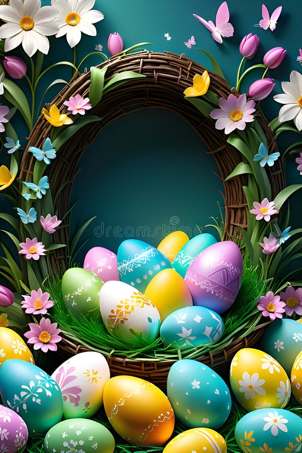A Background Design of Easter Eggs in the Nest, Flowers, Butterfly ...