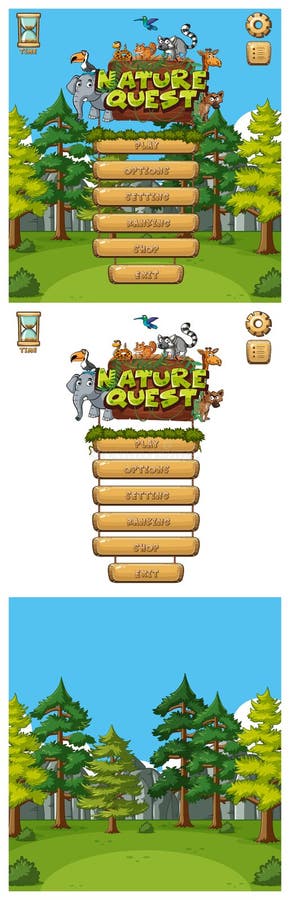Background Design for Game Menu with Animals and Trees in Forest Stock ...