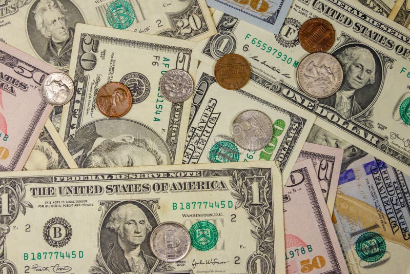Background of Different American Dollars Bills and Coins Stock Image ...