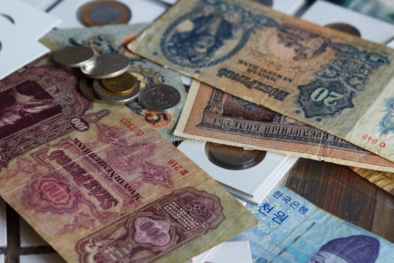 Background from Different Coins and Old Banknotes Stock Photo - Image ...