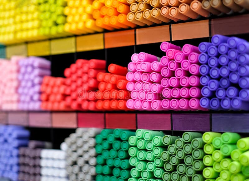Background of Different Colors Pens on Store Shelves. Art Store ...