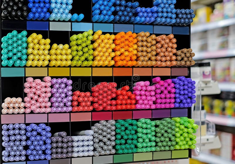 Background of Different Colors Pens on Store Shelves. Art Store ...