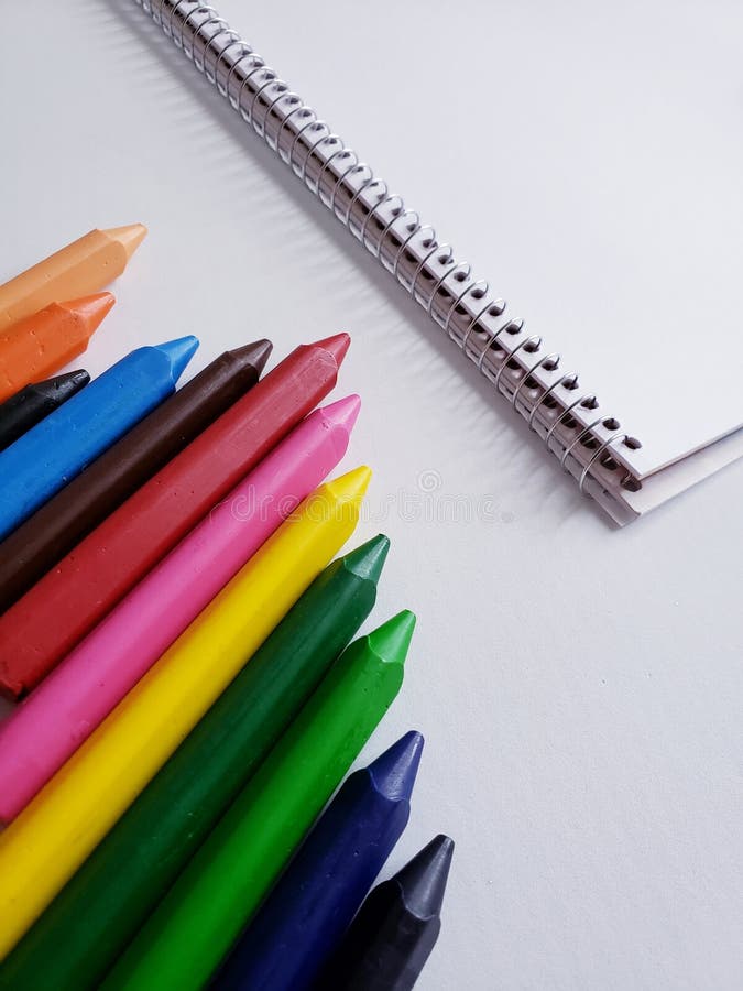 Background with Drawing Notebook and Colored Crayons Stock Image ...