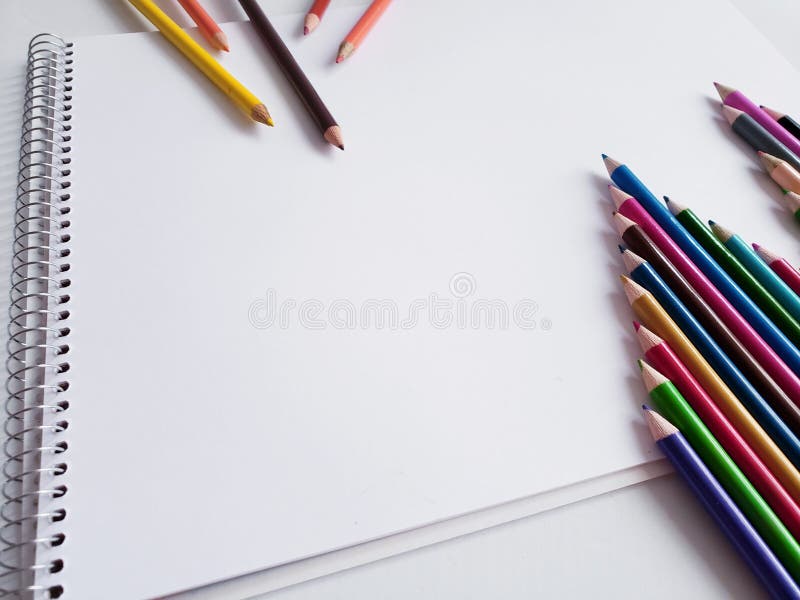 Background with Drawing Notebook and Colored Pencils Stock Photo ...